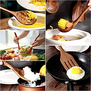 Wooden Kitchen Utensil Set Uncoated Dishwasher Safe Bamboo Cooking Utensils Set with Holes, Organic Teak Wooden Spoons for Cooking (Dark Brown)