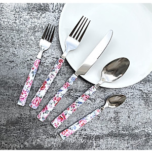 Elegant Peony Flower 20-Piece Flatware Set, Service for 4, Stainless Steel Cutlery Silverware Set for Home Wedding