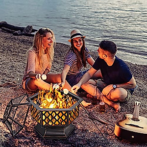 Giantex 26 Inch Outdoor Fire Pit, Large Hexagonal Fire Bowl with Spark Screen Cover and Poker, Wood Burning Firepit for Outside Camping Garden Patio Backyard