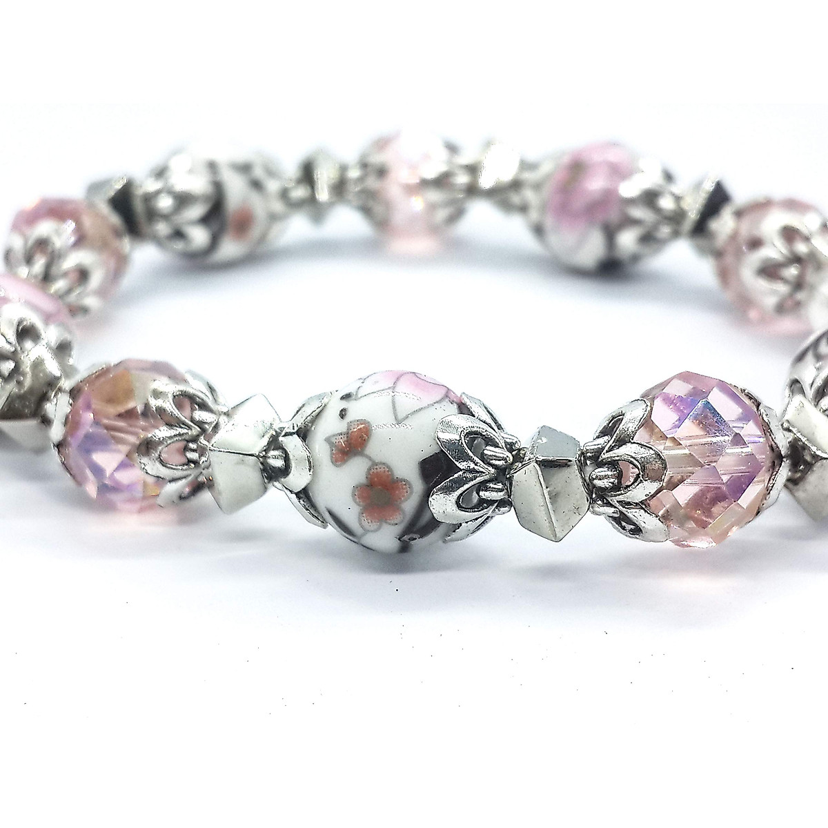 Nazareth Store Religious Cross Bracelet Christian Classic Beaded Bangle with Pink Crystal Beads Sacred Gift for Women & Men