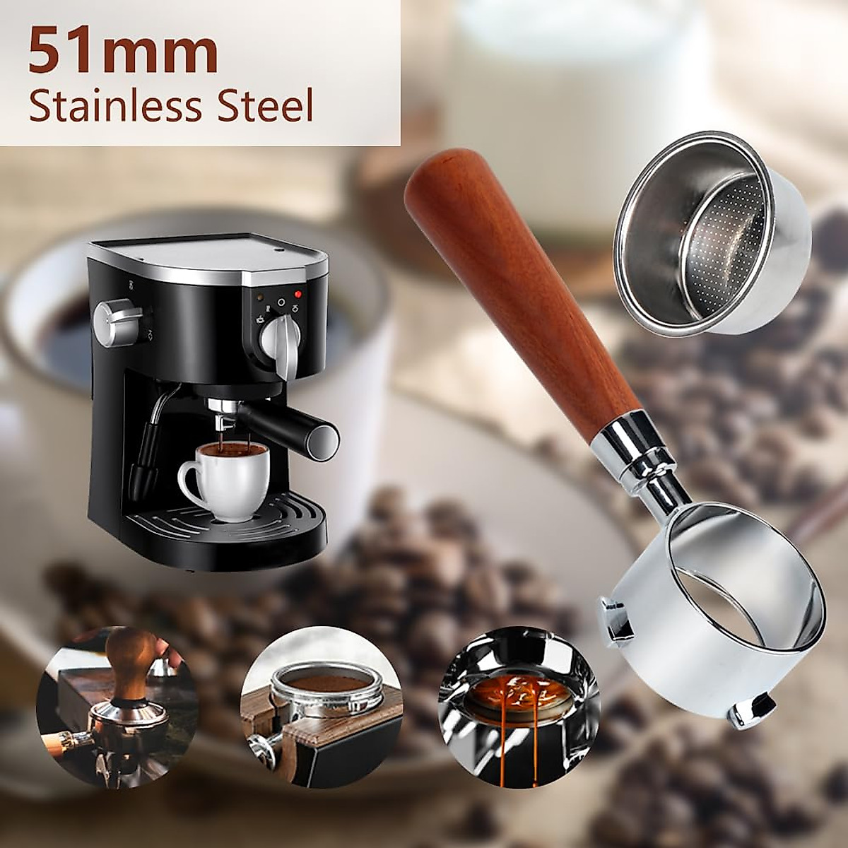 VIGIND 51mm Bottomless Portafilter 3 Ears Included 1 Cup filter Basket,Compatible For Delonghi EC680 EC685,EUPA and SMEG Coffee Machine,Stainless Steel Coffee Espresso Machine Part and Wooden Handle