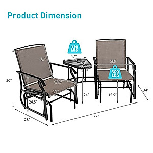 Giantex Outdoor Glider Chairs with Table & Umbrella Hole, Patio 2-Seat Rocking Chair Outside Loveseat Swing w/ Breathable Fabric for Garden, Backyard, Poolside, Lawn Metal Glider Bench(Brown)