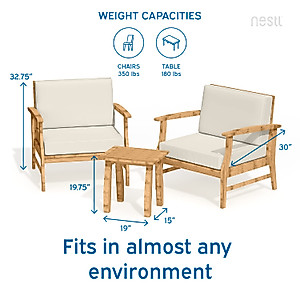 Nestl Small Patio Furniture Set – Patio Bistro Set 3 Piece Outdoor with Patio Chairs, Acacia Wood Balcony Furniture with Outdoor Chairs Set of 2, Natural Wood Patio Chairs with Off White Cushions