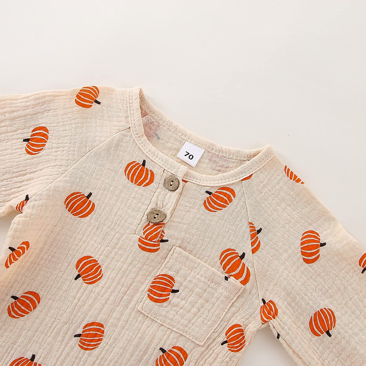 FIOMVA Newborn Baby Girl Boy Halloween Outfit Pumpkin Long Sleeve Romper Onesie Cotton Linen Jumpsuit Fall Winter Clothes (Pumpkin-Beige,0-3 Months)