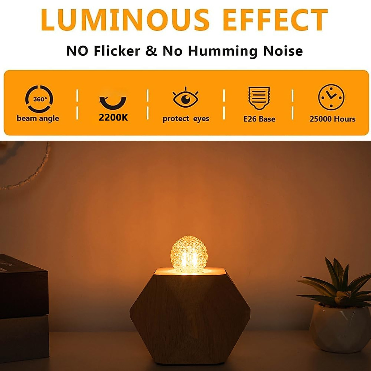 Dimmwat Mini G40 E26 Low Watt LED Decor Light Bulbs 1W Night Light Bulbs 10 Watt Small Edison Bulb 2200K Warm White Amber Glass Bulbs for Bedroom Lawn Patio,100 Lumens, 2Pack