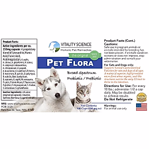 Vitality Science Pet Flora Natural Cat & Dog Gut Health Probiotics | Dog Digestive Supplements | Cat Constipation Relief | Dog Gas Remedy | Daily Probiotic for Dogs & Cats (250 Caps)