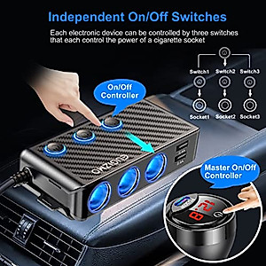 Car Cigarette Lighter Adapter, Dual USB C PD30W 3-sockets car Cigarette Splitter & QC 3.0 Fast car Charger for 12V/24V Vehicles, 222W LED Indicator & Independent Switches for GPS/Dash Cam/Phone