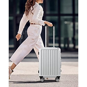 LUGGEX Hard Shell Carry On Luggage with Aluminum Frame - 100% PC No Zipper Suitcase - 4 Metal Corner Hassle-Free Travel (White Suitcase)