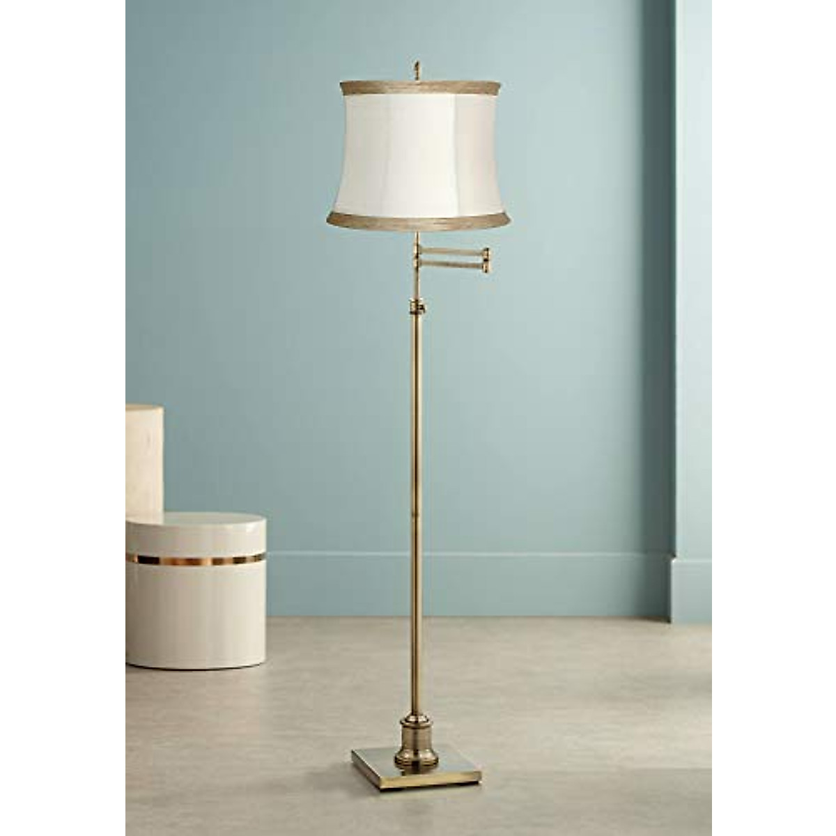 360 Lighting Westbury Modern Swing Arm Floor Lamp Standing 70" Tall Antique Brass Gold Adjustable Ivory Linen Drum Shade with Taupe Trim for Living Room Reading House Bedroom Office