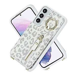 Jaorty for Samsung Galaxy S21 5G Phone Case for Women with Card Holder,Galaxy S21 Case Wallet Crossbody Lanyard with Strap,Credit Card Slots Kickstand Case with Ring Holder,6.2 Inch,White Leopard