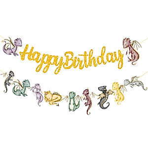 Dragon Birthday Party Banners 2Pcs Dragon Cutout Banners Fantasy Dragon Party Hanging Decorations Gold Dragon Party Banner for Dragon Knight Baby Shower Supplies
