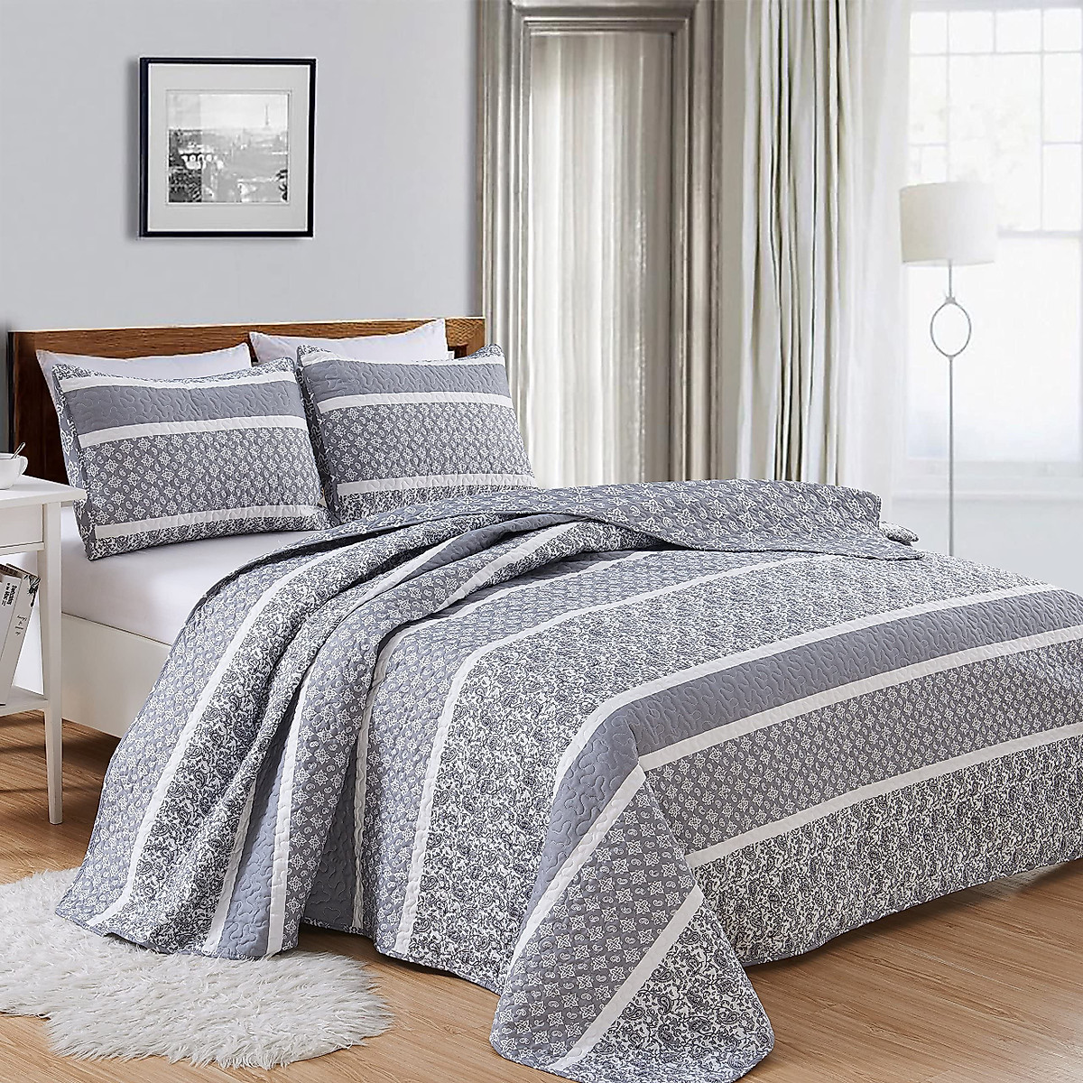 Great Bay Home 2-Piece Reversible Grey Twin/Twin XL Quilt Comforter with 1 Sham | Lightweight, All-Season, Cozy, Modern Bedspreads | Paisley Coverlet Sets | Kadi Collection