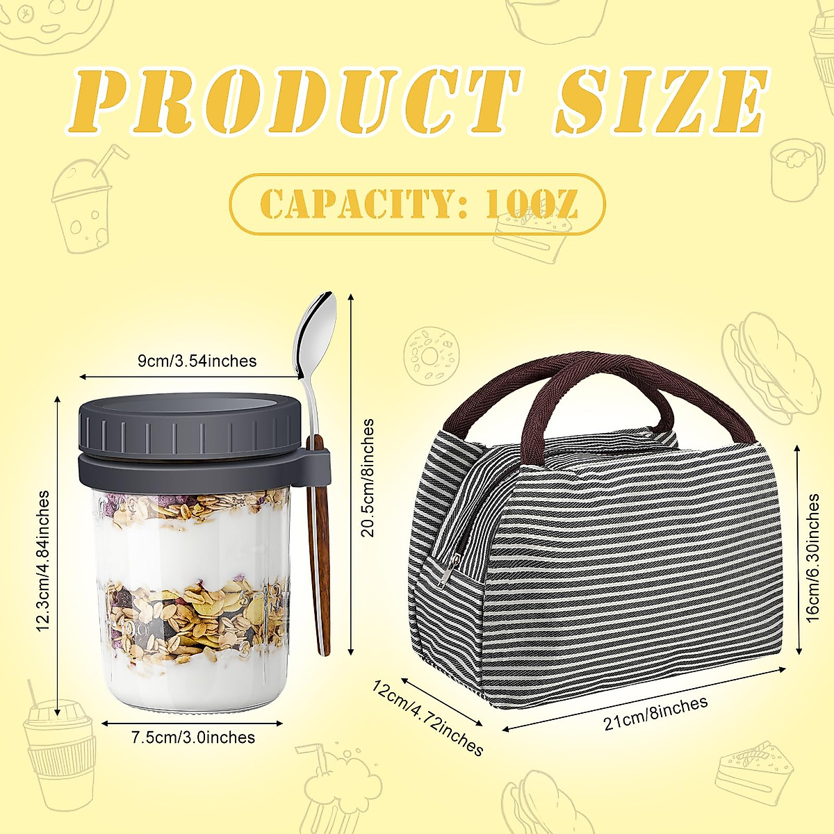 Tanlade Set of 6 Glass Overnight Oat Containers Plus Bag Airtight 10oz Oats Jars with Lid and Spoon Meal Prep Reusable on the Go Wide Mouth Mason Jars for Oats Milk Vegetable Fruit Salad (Grey)