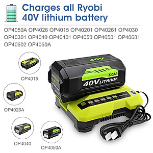 Munikind 6000mAh OP40601 Battery and Charger Replacement for Ryobi 40V Battery OP4050A OP4040 OP4030 OP4026A OP40201 ZROP4026 Compatible with Ryobi Battery 40 Volt Cordless Power Tool RY40180 RY40200