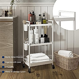 STEEHOOM 3 Tier Utility Rolling Cart, Metal Rolling Storage Cart with Locking Wheels Kitchen Cart with 2 Small Hanging Cups for Bathroom, Office, Balcony, Library, Living Room (White)
