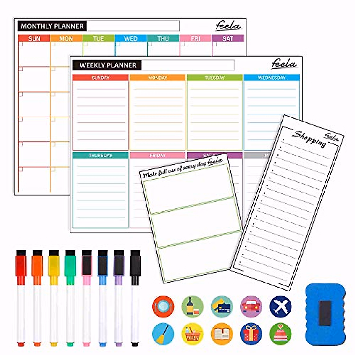4 Pack Dry Erase 2023 Magnetic White Board Calendar Kit, Feela Monthly Weekly Calendar for Wall Refrigerator, Office Supplies with 8 Magnetic Erase Markers, 1 Eraser, 10 Stickers for Schedule