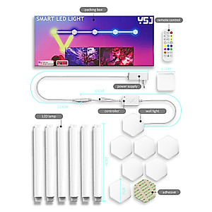 YSJ 14pack LED Wall Light, RGB Wall Lights, Hexagon Wall Light DIY Geometry Splicing Gaming Lights, Smart Glide Lively Light Bars for Gaming Room Decor and Streaming, Creative Lights with Music Sync