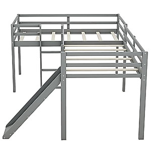 BOVZA L-Shaped Double Twin Size Loft Bed with Slide, Wooden Low Loft Bed Frame with Built-in Ladder and Safety Guardrail for 2 Kids Girls or Boys, Gray