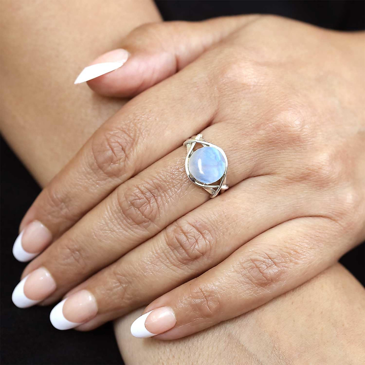 JEWELOPORIUM 925 Silver Ring for Women Size 8 White Real Rainbow Moonstone Stone Solitaire Silver Ring Christmas - Gift Costume Jewelry