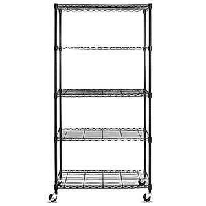 WDT 5-Shelf Shelving Storage Units on Wheels Casters, Adjustable Heavy Duty Metal Shelf Wire Storage Rack for Home Office Garage Kitchen Bathroom Metal Rack (16”Wx36”Dx75”H), Black