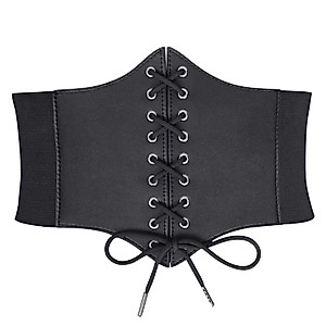 WHIPPY Women's Lace-up Corset Elastic Waist Belt, Tied Waspie Wide Belt for Women Halloween Costume, Black, XS