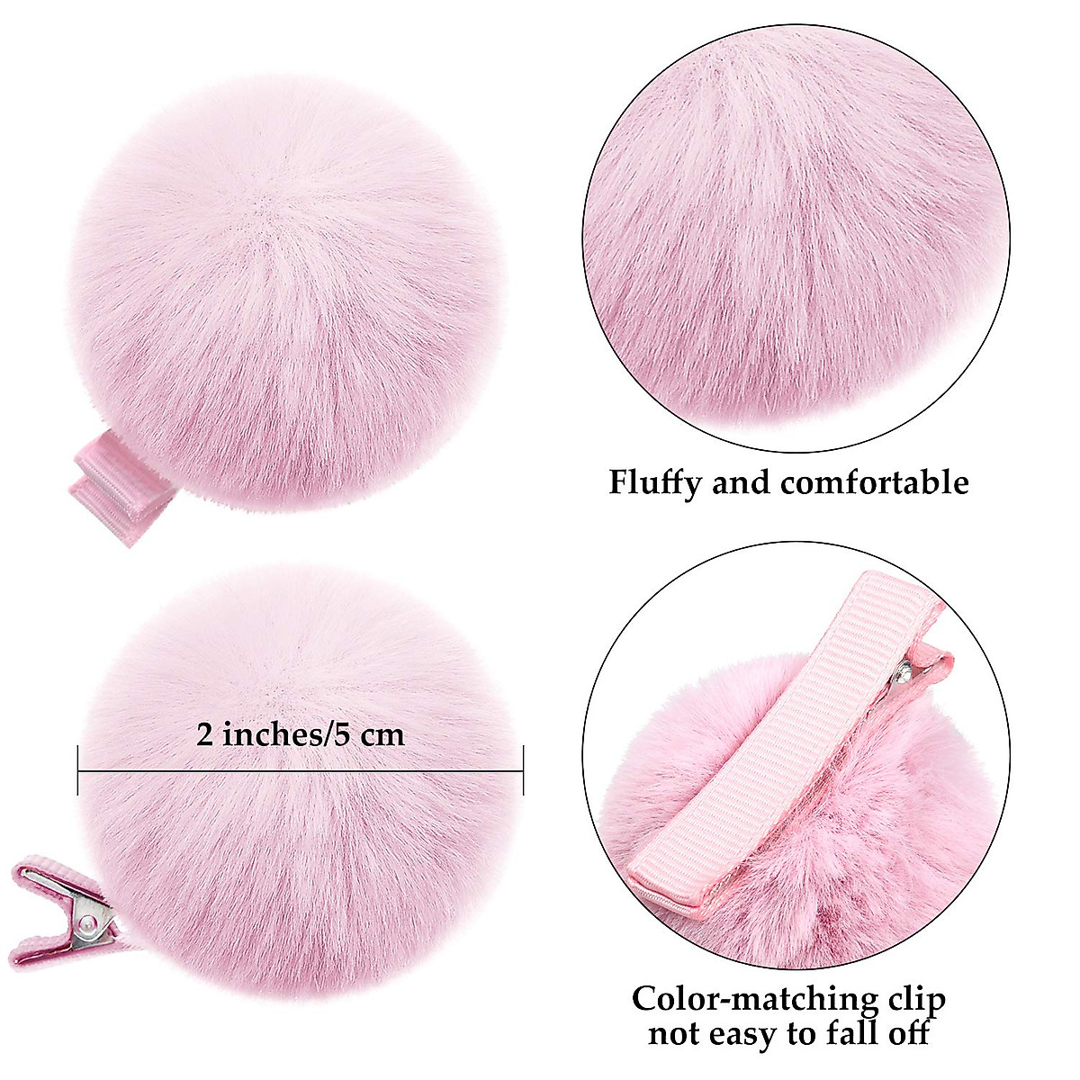 Colorful Fluffy Fur Pom Pom Hair Clips and Barrettes for Toddlers, Baby Girls, and Women - 12 Pieces, 2", Fall/Winter Hair Accessories