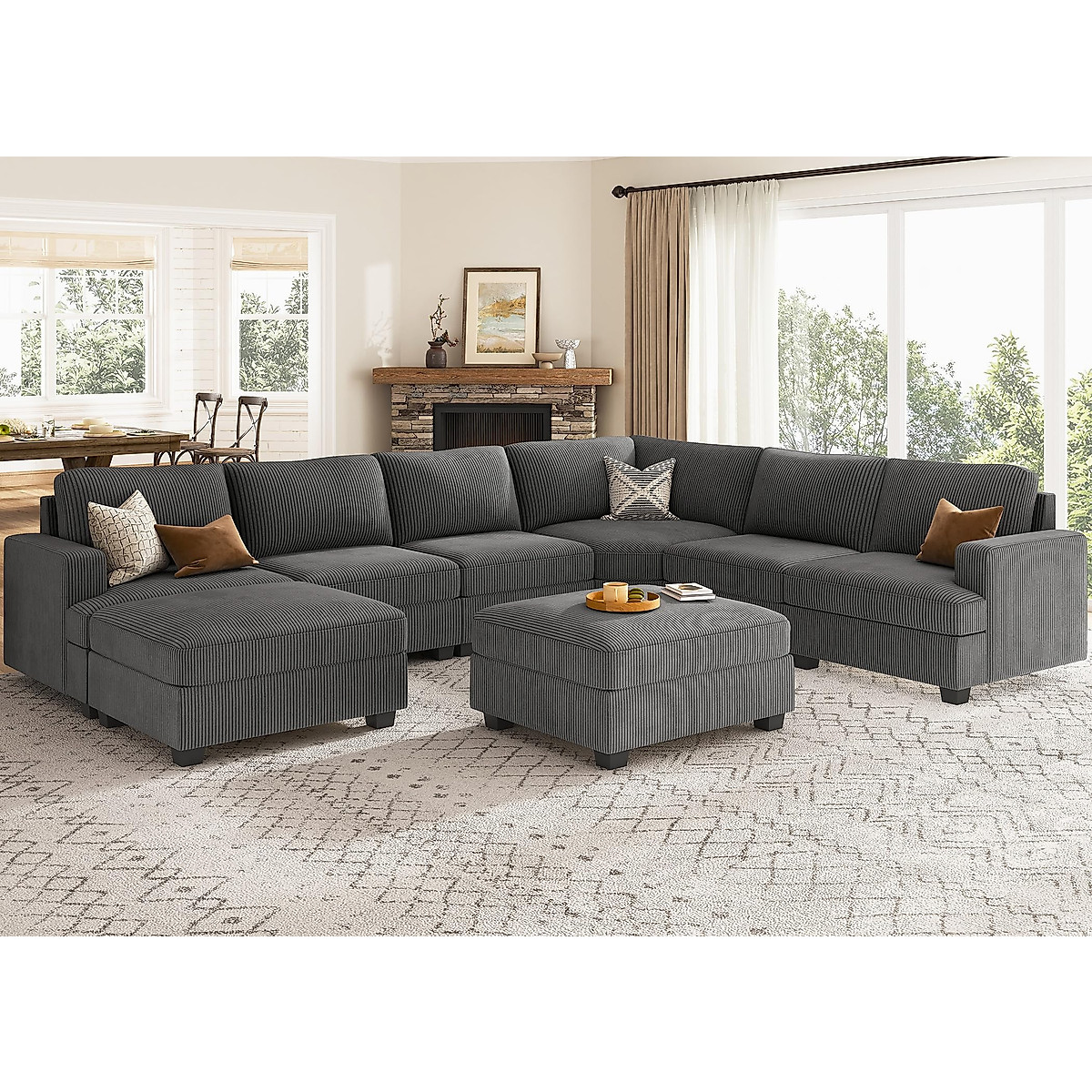 Nolany Sectional Couch with Storage Ottoman, Corduroy Modular Corner Sectional Sofa, U Shape Sectional Couches for Living Room, Dark Grey