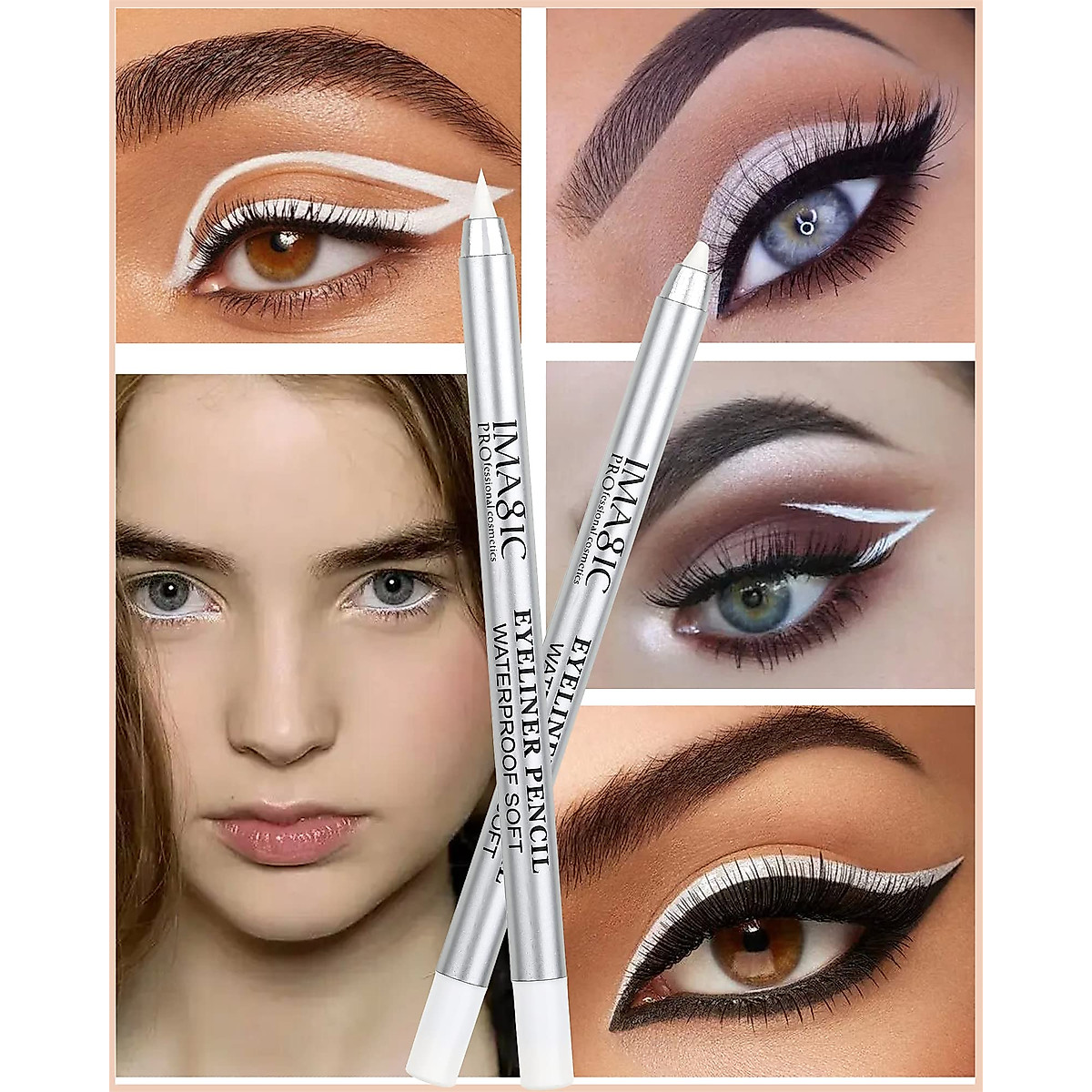 White Waterproof Gel Eyeliner Pens, Highlighter Eye Liner Pencil, Matte Long Lasting Super Smooth formula White Eye Liner Eyeshadow Makeup Pen, Polished White Luster, with Pencil Sharpener-1Pcs