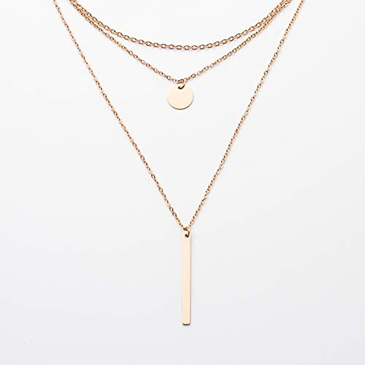LETTARIUS Disc Bar Pendant Layering Necklace Stainless Steel Rosegold Cute Charm Multi Layered Chain Choker Collar Fashion Statement Jewelry for Women