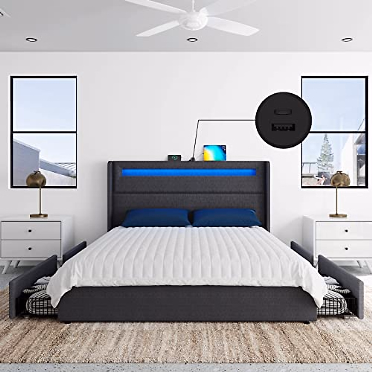 LUXOAK Full LED Bed Frame with Wingback Headboard & 4 Storage Drawers, Upholstered Platform Bed with USB & USB-C Ports, App/Remote Control, Box Spring Optional, Dark Grey…