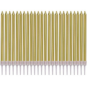 LUTER Metallic Birthday Candles in Holders Tall Birthday Cake Candles Long Thin Cupcake Candles for Birthday Wedding Party Decoration(24 Pieces) (Gold)