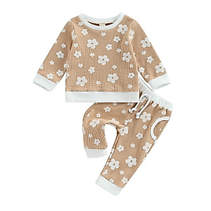 Toddler Baby Girl Fall Winter Outfit Floral Print Long Sleeve Sweatshirt and Elastic Waist Pants Newborn Clothes Set (Waffle Floral Khaki, 12-18 Months)