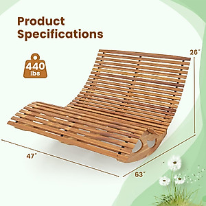 HAPPYGRILL Outdoor Acacia Wood Double Chaise Lounge, Rocking Chair with High Back, Slatted Seat, Stopper, Outside Wood Rocker for 2, 440 Lbs Capacity Sun Lounger Loveseat