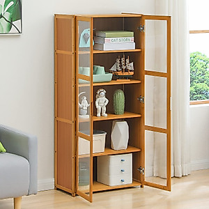 MoNiBloom Bamboo Bookcase with Acrylic Doors 5 Tier Multipurpose Storage Bookshelf Display Stand for Home Office Bedroom Living Room, Brown