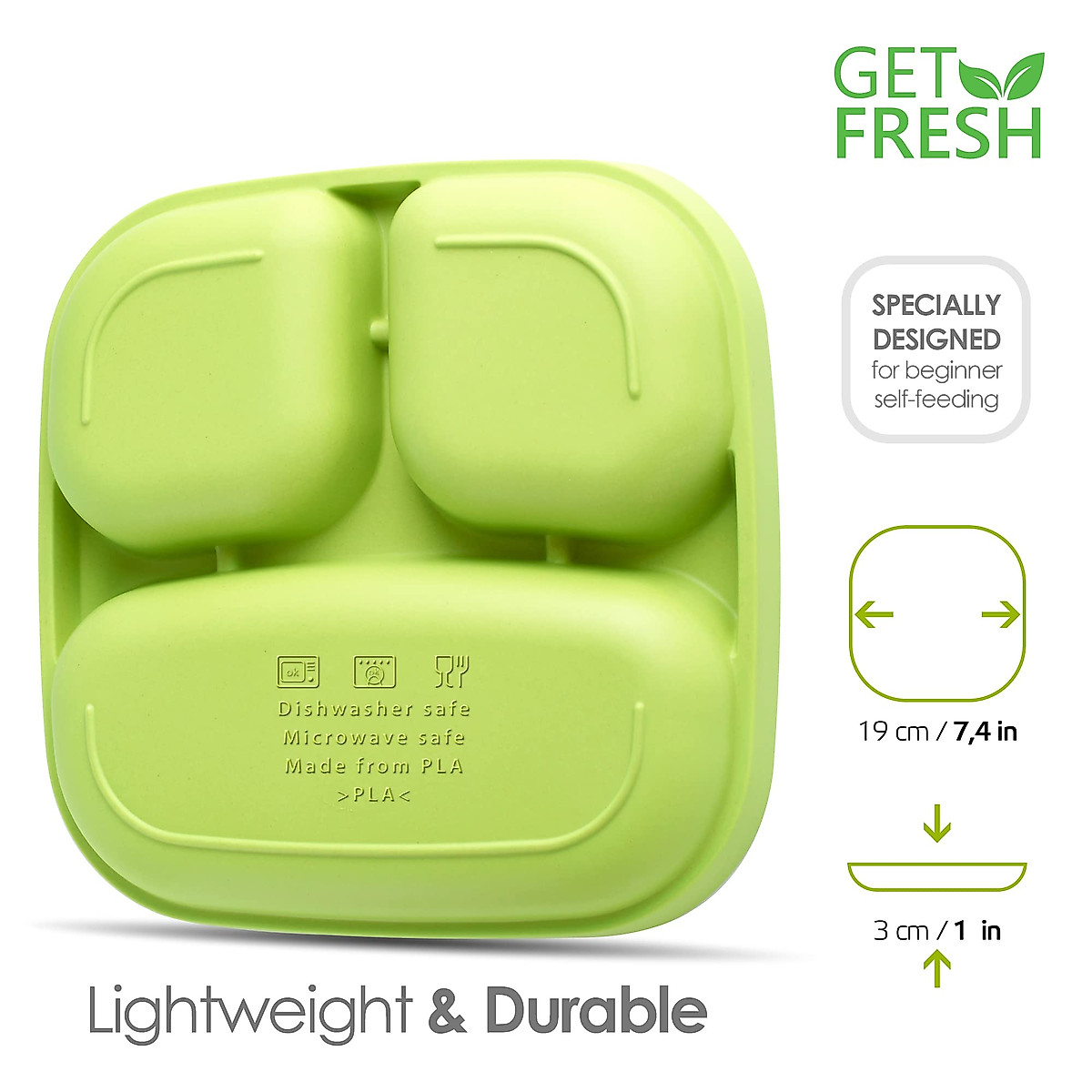 GET FRESH PLA Kids Divided Plates Set – 2-pack Melamine-Free Sectioned Plates for Kids and Toddlers – Stackable BPA-free Childrens Dinnerware Divider Plates – Reusable 3 Compartment Kids Plates