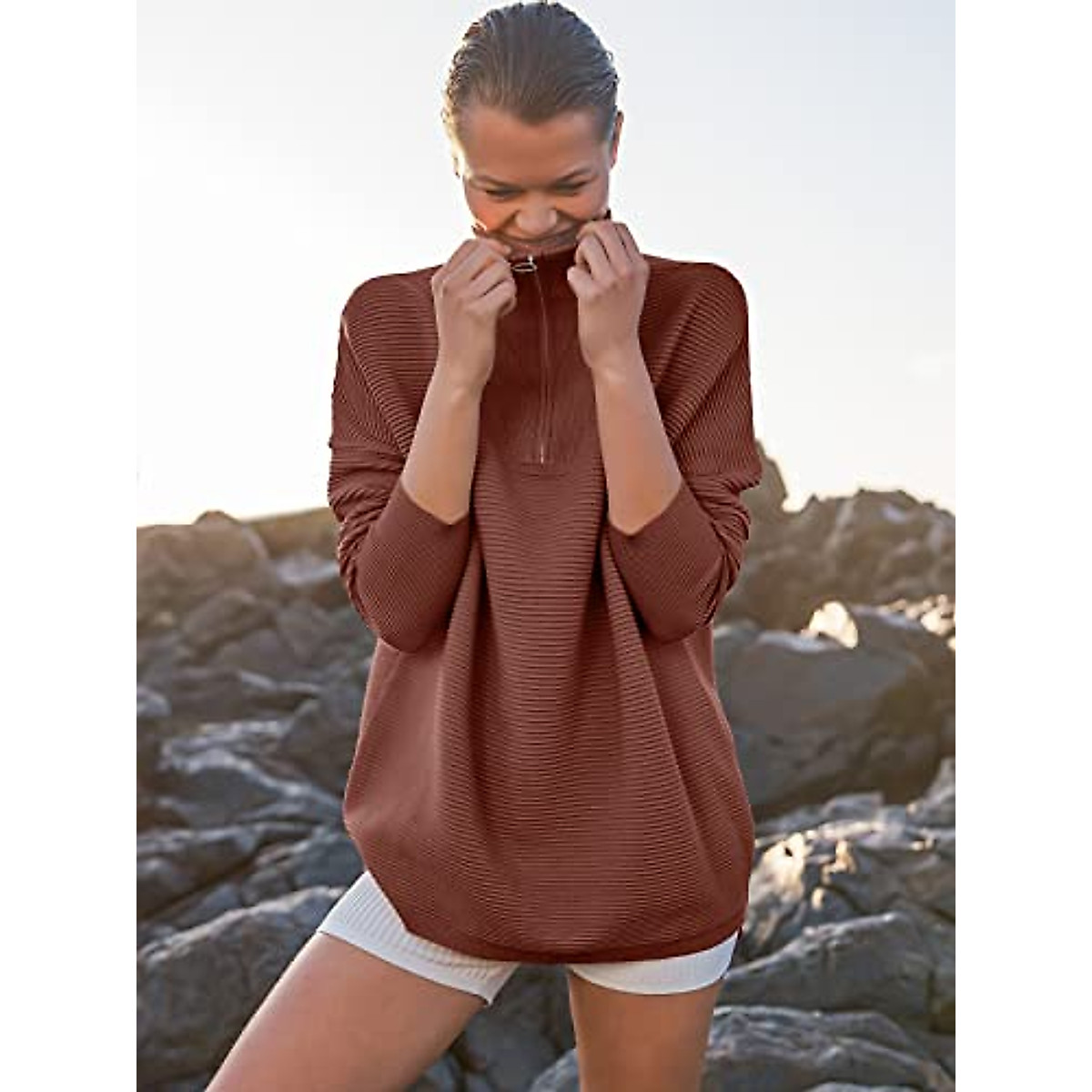 ANRABESS Oversized Sweater for Women Quarter Zip Pullover Casual Long Sleeve Half Zip Collared Lapel V Neck Baggy Slouchy Knitted Tunic Jumper Clothes 2023 Fall 802xiuhong-M Rust