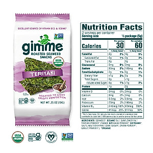 gimMe Organic Roasted Seaweed Sheets - Teriyaki - 12 Count Sharing Packs - Keto, Vegan, Gluten Free -Great Source of Iodine and Omega 3’s - Healthy On-The-Go Snack for Kids & Adults