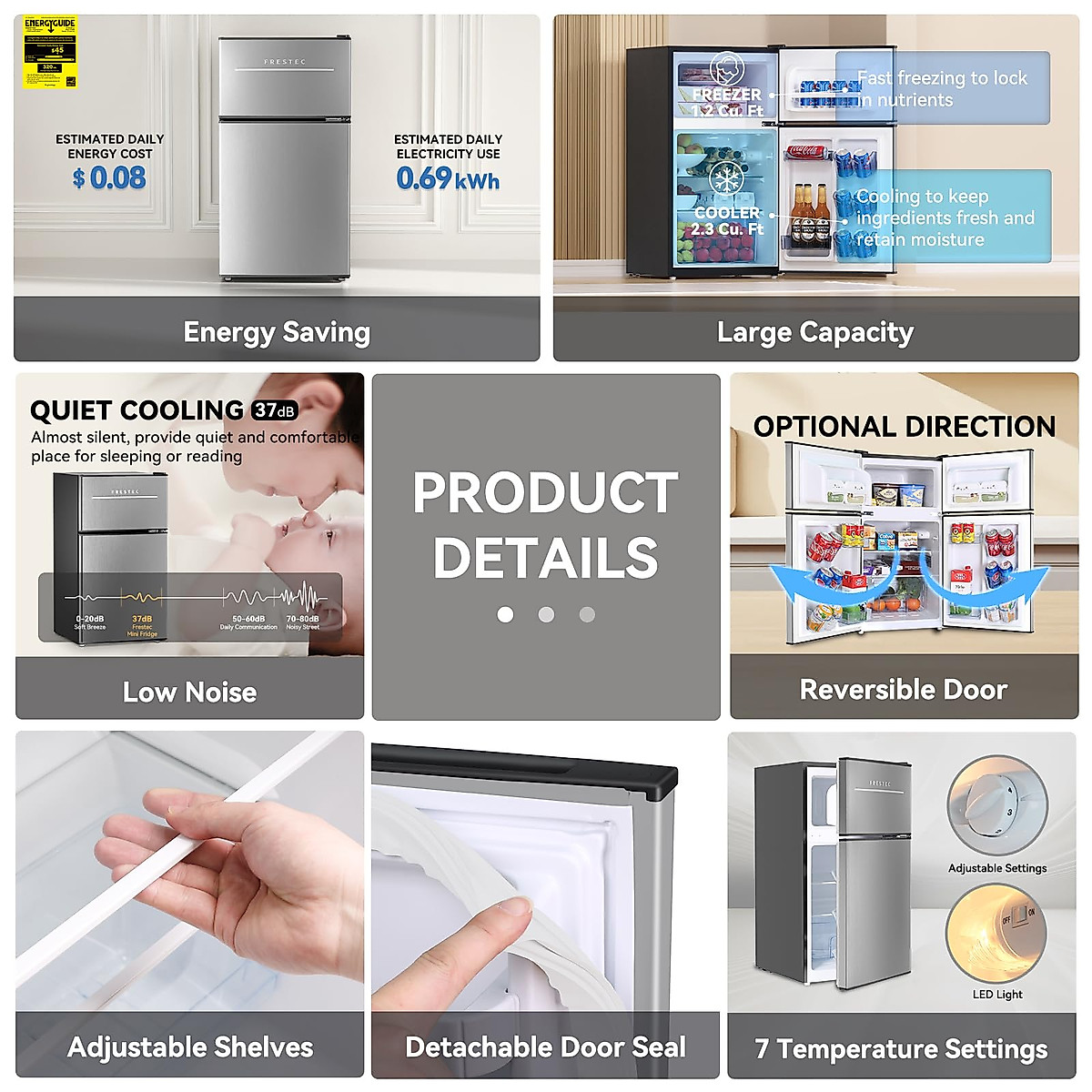 Frestec Mini Fridge with Freezer 3.5 Cu.Ft. 2 Door Refrigerator and Freezer Small Fridge for Bedroom Home Office Dorm, Small Drink Chiller, 37 dB Low Noise, Stainless Steel