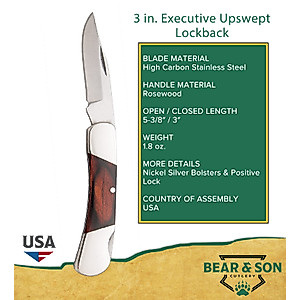 Bear & Son Cutlery Small Pocket Knife, 3-inch Gentleman's Knife, Rosewood Handle, High Carbon 2-1/8 Inch Blade (226R)