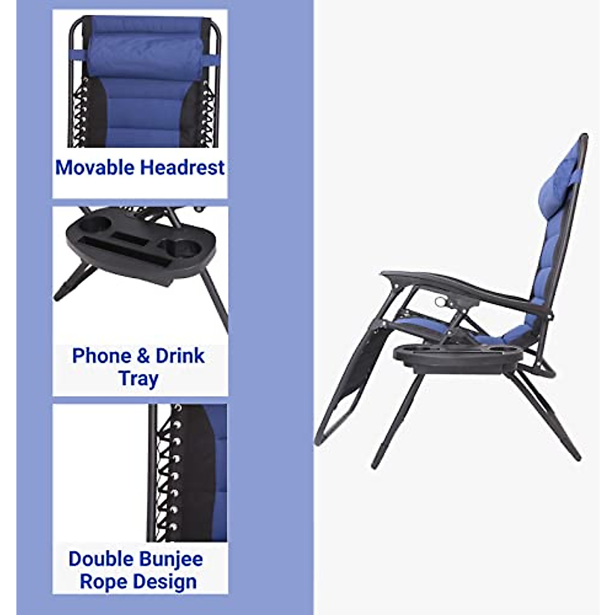 BTEXPERT Blue Black Oversized Padded Zero Gravity Chair Folding Recliner Case Lounge Outdoor Pool Patio Beach Yard Garden Utility Tray Cup Holder