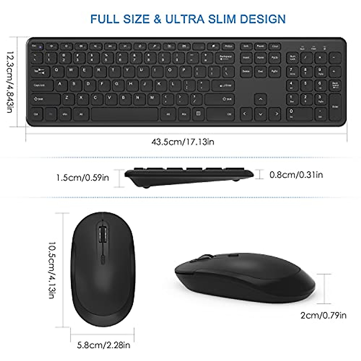 Wireless Keyboard Mouse Combo, Full-Sized 2.4GHz Ultra Thin Silent Cordless Keyboard Mouse Sets with Number Pad & 3 Adjustable DPI for Computer, Laptop, PC, Desktop, Notebook, Windows 7, 8, 10 (Black)