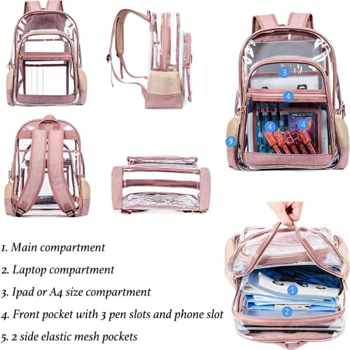 RRRWEI Clear Backpack Stadium Approved Heavy Duty Backpack Women School Bookbag Transparent Pvc For Men,Work,Security,Travel (BLACK WITH MAKE UP BAG)