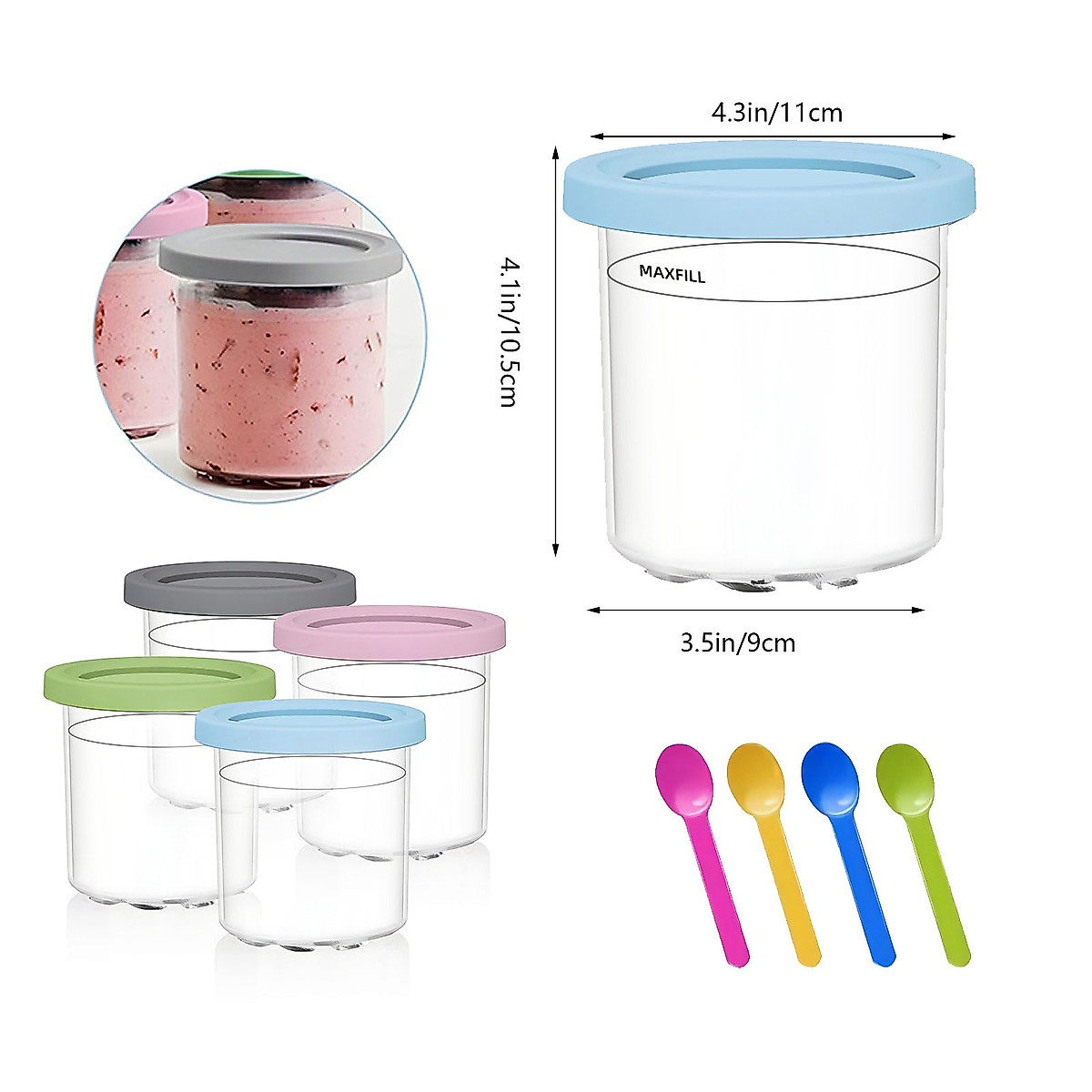 CDOUTSUN 4 Pack Ice Cream Containers Ice Cream Replacement Containers with 4 Colors Lids Airtight Anti-slip Food Container Sets Container Sets with spoon (Blue, Pink, Green, Grey)