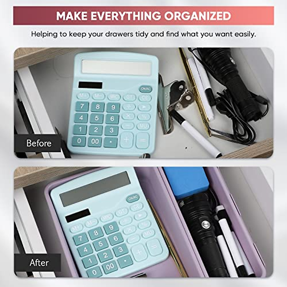 Purpeak 32 Pcs Desk Drawer Organizer Office Organization Tray Versatile Vanity Organizer with Nonslip Pads Makeup Organizer for Divider Drawer Storage Box Container for Kitchen Bedroom (Purple)