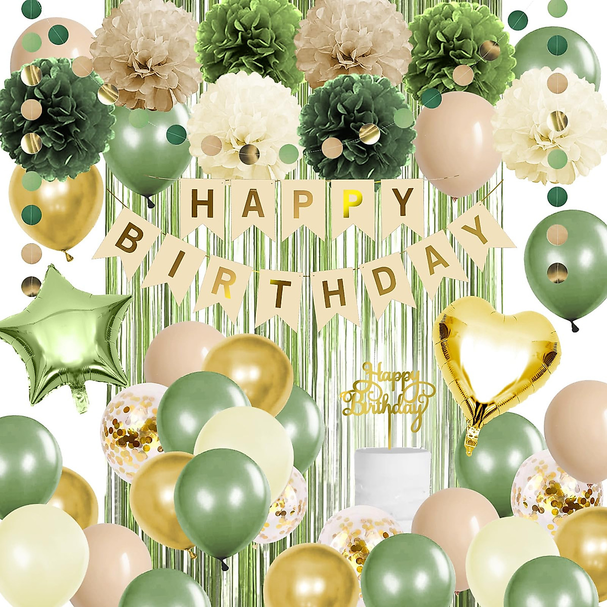 Lasocy Sage Green Happy Birthday Party Decorations Sage olive green Gold Retro Green Balloons Nude Happy Birthday Banner Neutral Rustic Botanical Greenery Décor Supplies for Women Girls Baby