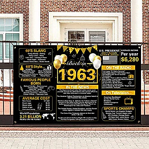 Crenics Black Gold 60th Birthday Decorations, Vintage Back in 1963 Birthday Backdrop Banner, Large 60 Years Old Birthday Anniversary Poster Photo Background Party Supplies for Women Men, 5.9 x 3.6 Ft