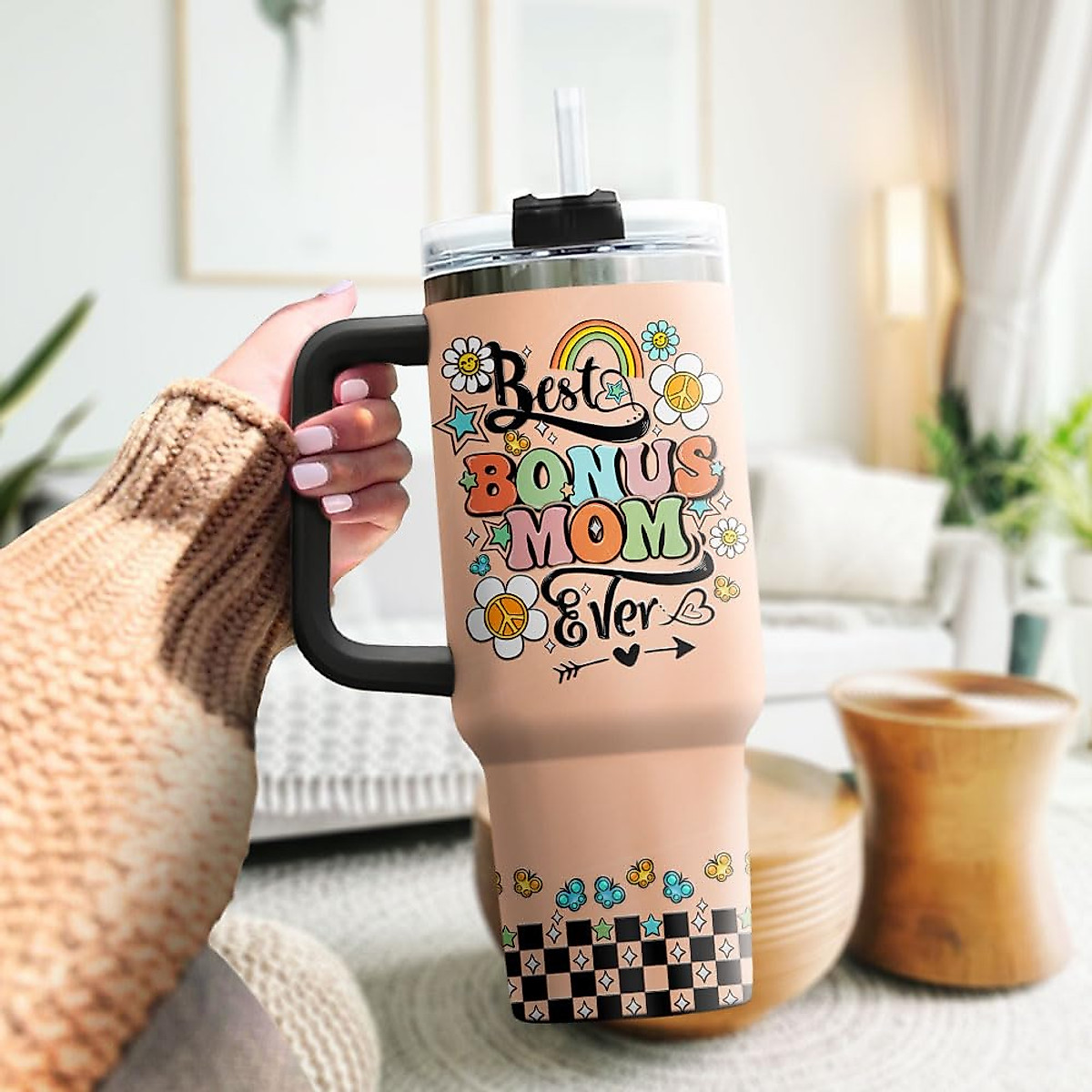 99OWL For Day Momma Cups Be Mothers Cup Women Straws Mama Green Brown Insulated, Bonus Mom Checked Inspiration, Tumbler 40 Oz With Handle Lid And Straw, Bonus Mom Gifts
