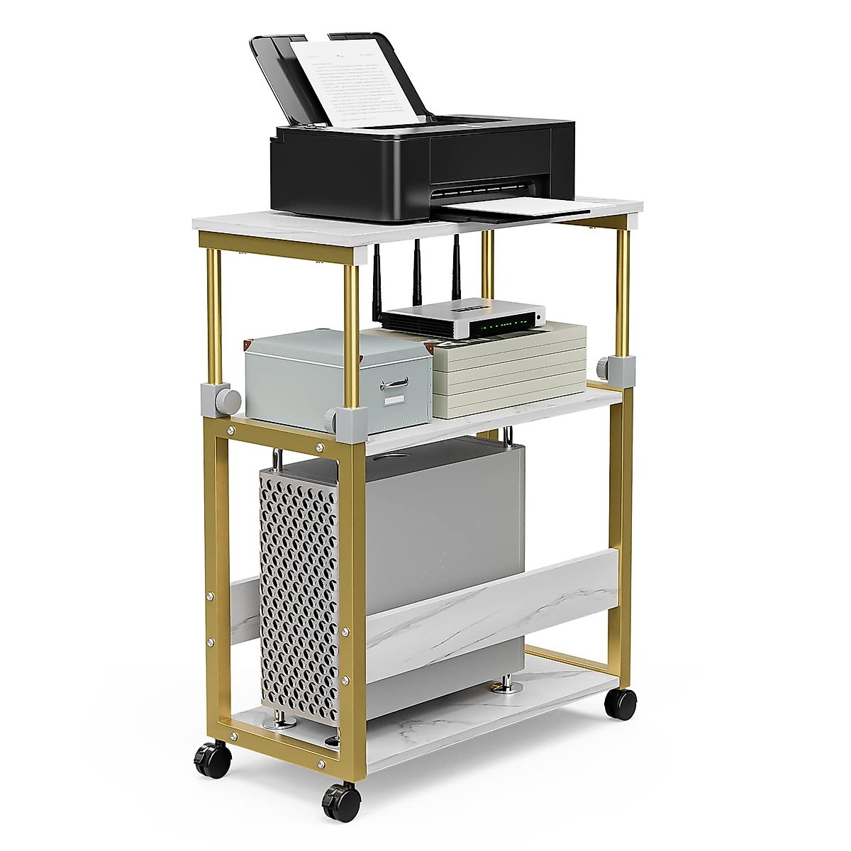 HMFOR Computer Tower Stand with Height Adjustable, PC Stand for Under Desk, Moblie Computer Case Tower, 3-Tier Computer Cart with Rolling Wheels for Home Office Gaming Case, Faux White Marble