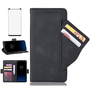 Asuwish Phone Case for Samsung Galaxy S8 Plus with Tempered Glass Screen Protector Cover and Cell Accessories Card Holder Slot Kickstand Flip Wallet Glaxay S8plus S 8 8plus 8S Edge S8+ SM-G955U Black