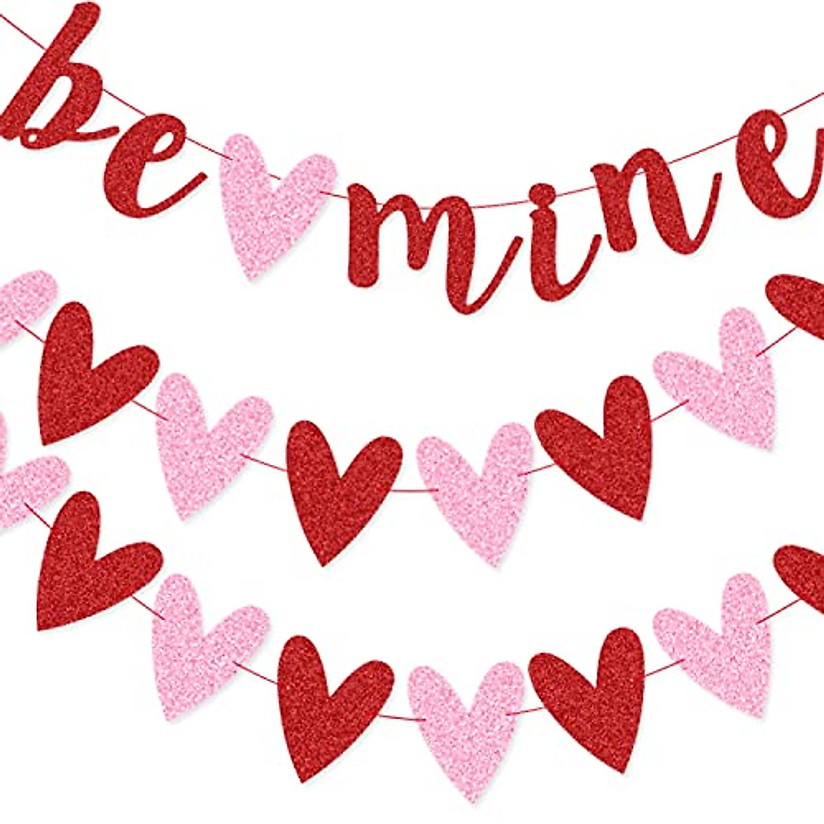 Valentine's Day Bunting Banners Red Glittery Be Mine Banner and Red Pink Glittery Heart Garland Banner No DIY Wedding Engagment Anniversary Bachelorette Party Home Decorations